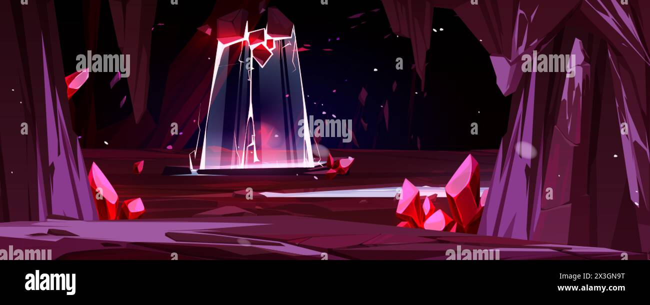 Cave interior with magic portal and ruby crystals. Vector cartoon ...