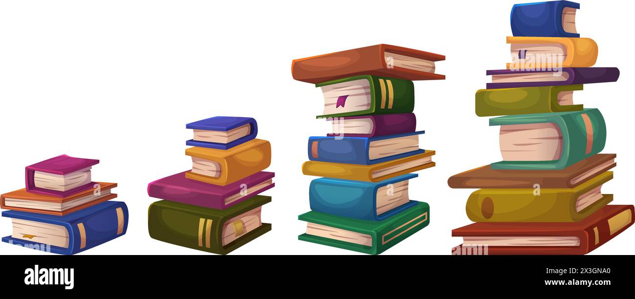 Book stack in cartoon vector illustration set. Tall and small pile of ...