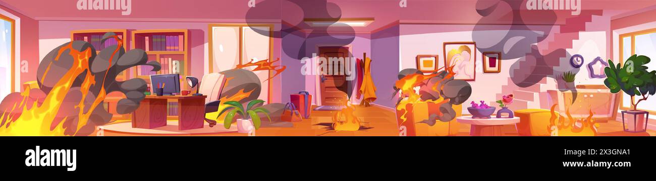Fire inside of house or apartment - panoramic home interior. Horizontal ...