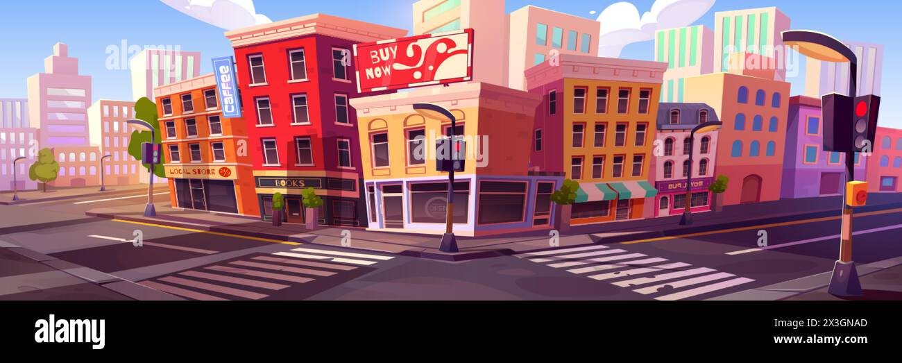 City street landscape with intersection of roads and corner of ...