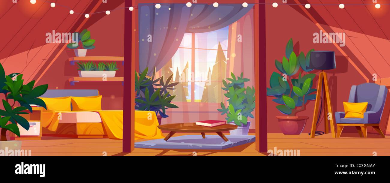 Cozy wooden cabin attic bedroom interior with forest outside window ...