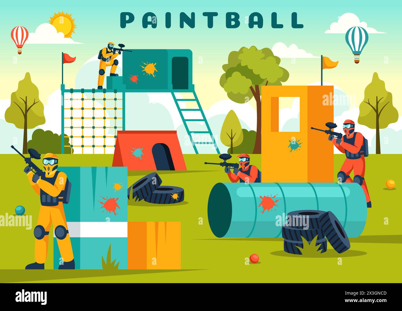 People Playing Paintball Vector Illustration of Fighter Player Shooting ...
