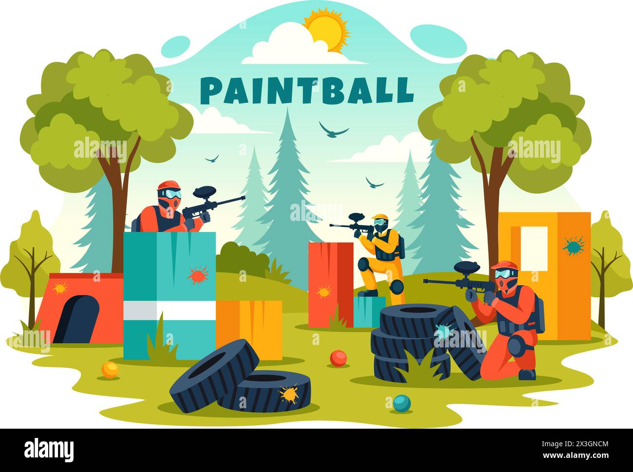People Playing Paintball Vector Illustration of Fighter Player Shooting ...