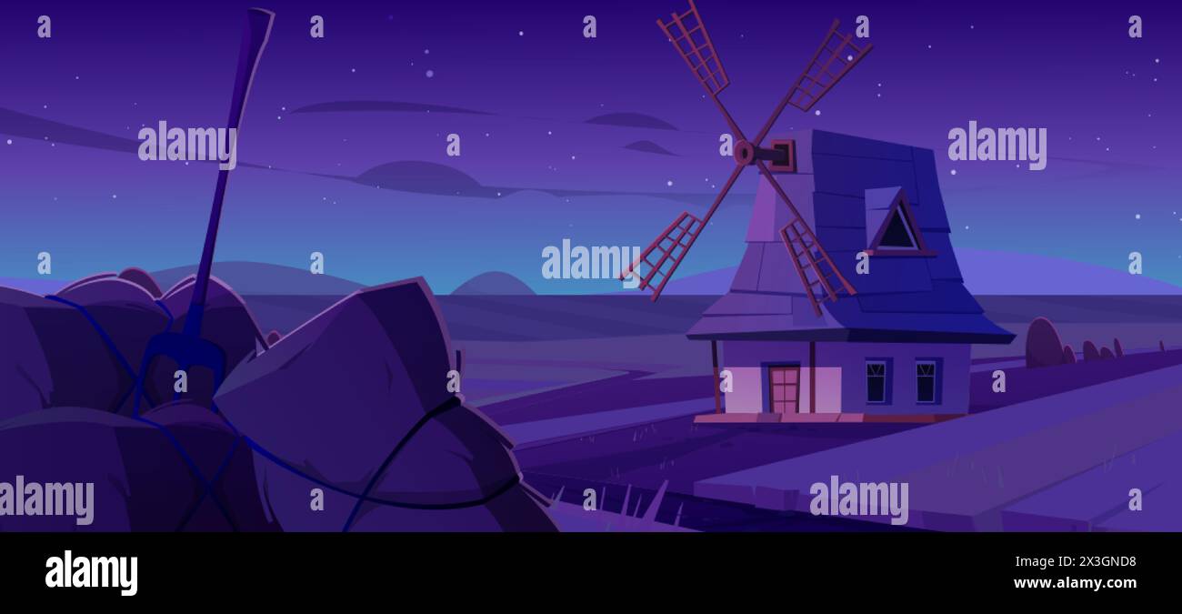 Old windmill in night summer field. Vector cartoon illustration of ...