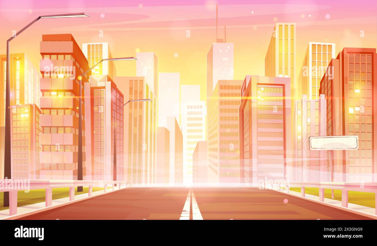Modern city highway in lights of morning sunrise. Vector cartoon ...