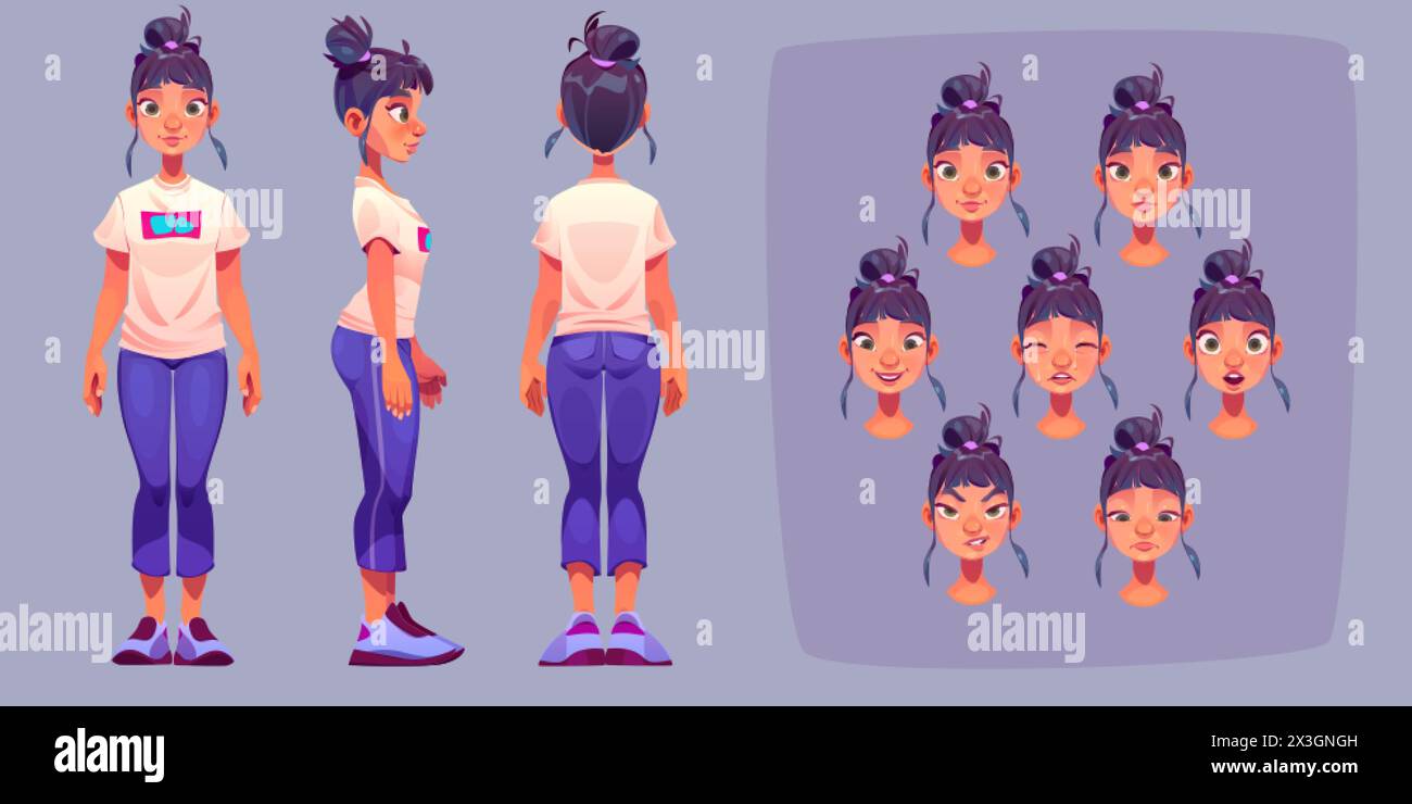 Woman character body cartoon design vector set. Female person side ...