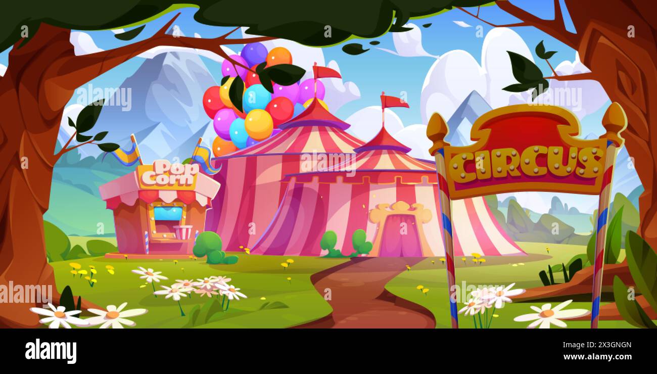 Circus tent and popcorn stall in forest near mountains. amusement park ...