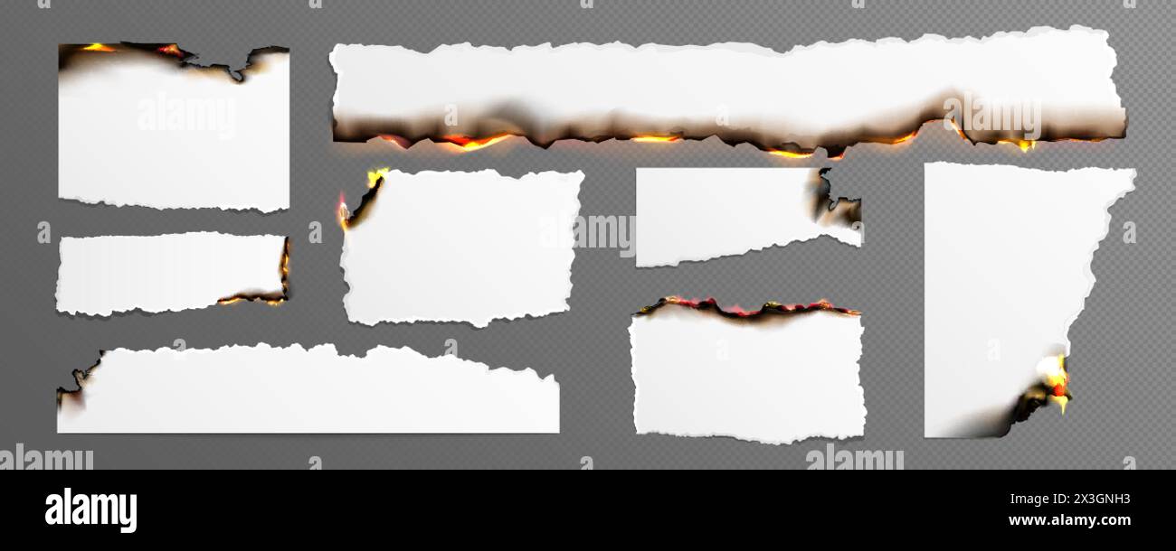 Burning paper pieces set isolated on transparent background. Vector ...