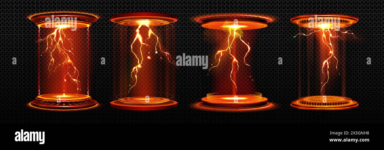 Red neon game portal with lightning and glow effect in realistic vector ...