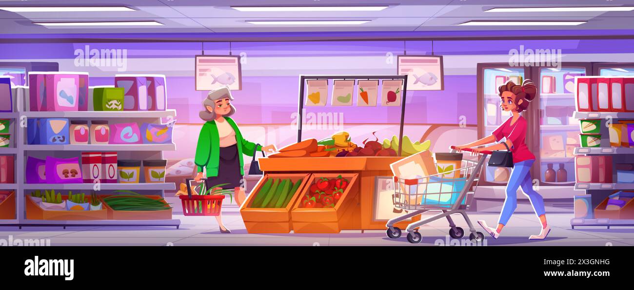 People in grocery supermarket. Store interior cartoon background. Shelf ...