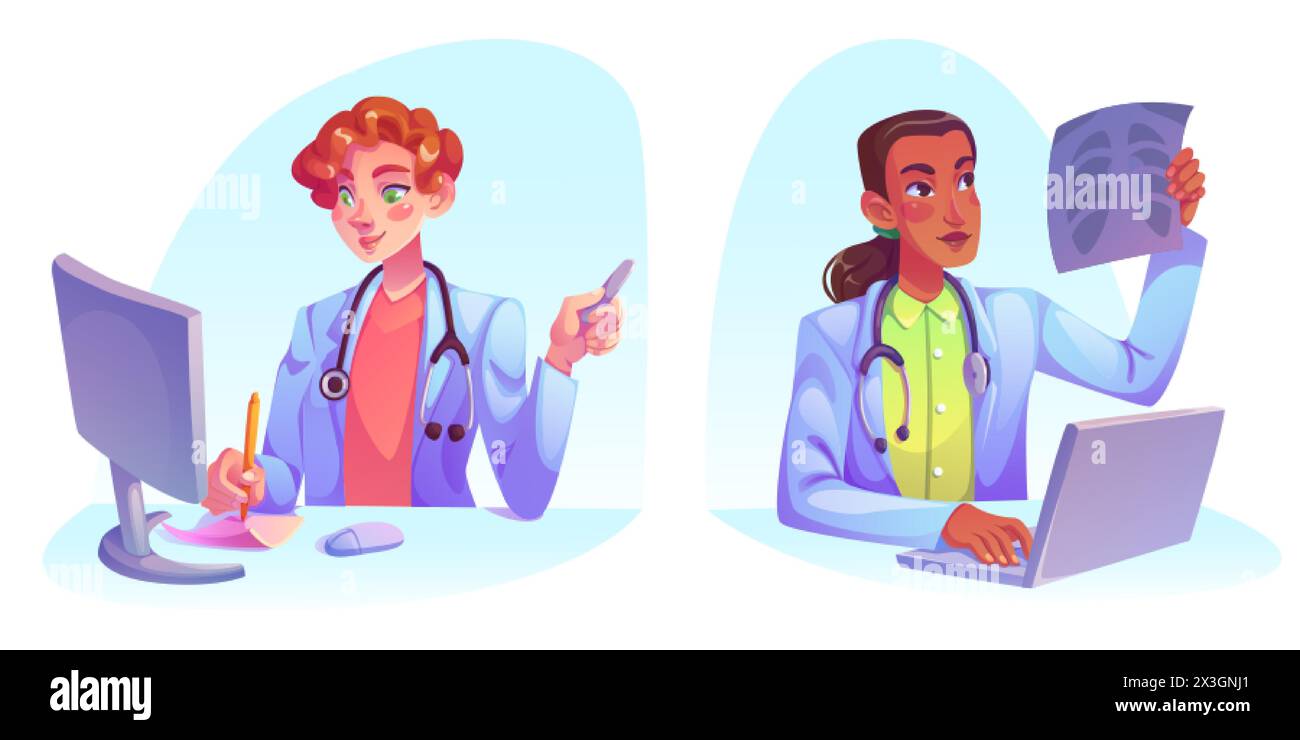 Doctors working on computer. Vector cartoon illustration of female ...