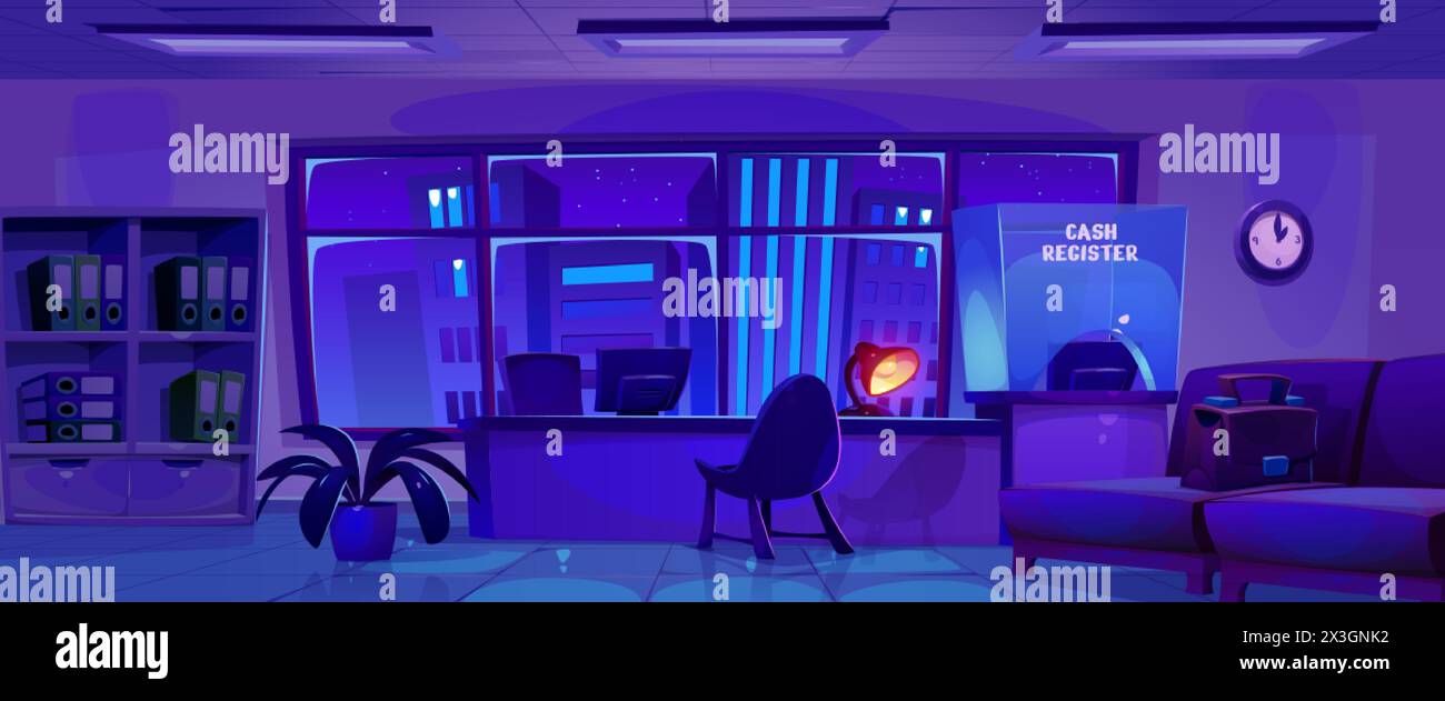 Empty dark bank office interior at night. Cartoon vector illustration ...