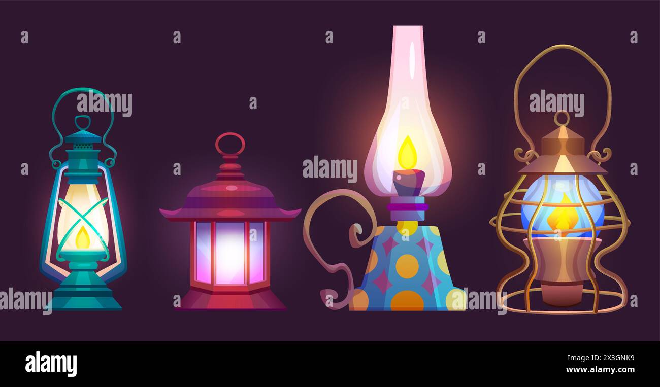 Old oil and gas lamp with flame. Cartoon vector illustration set of ...