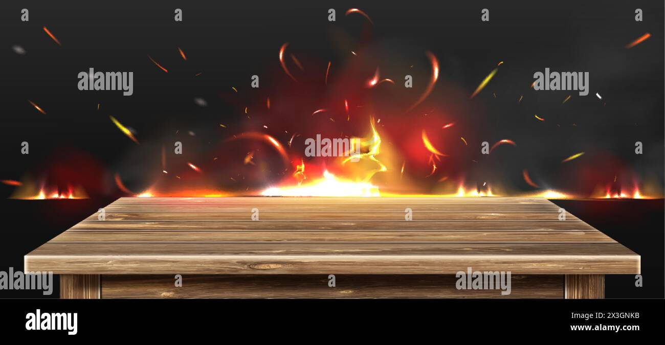 Hot and spicy bbq wood table with fire and smoke vector. Kitchen flame ...