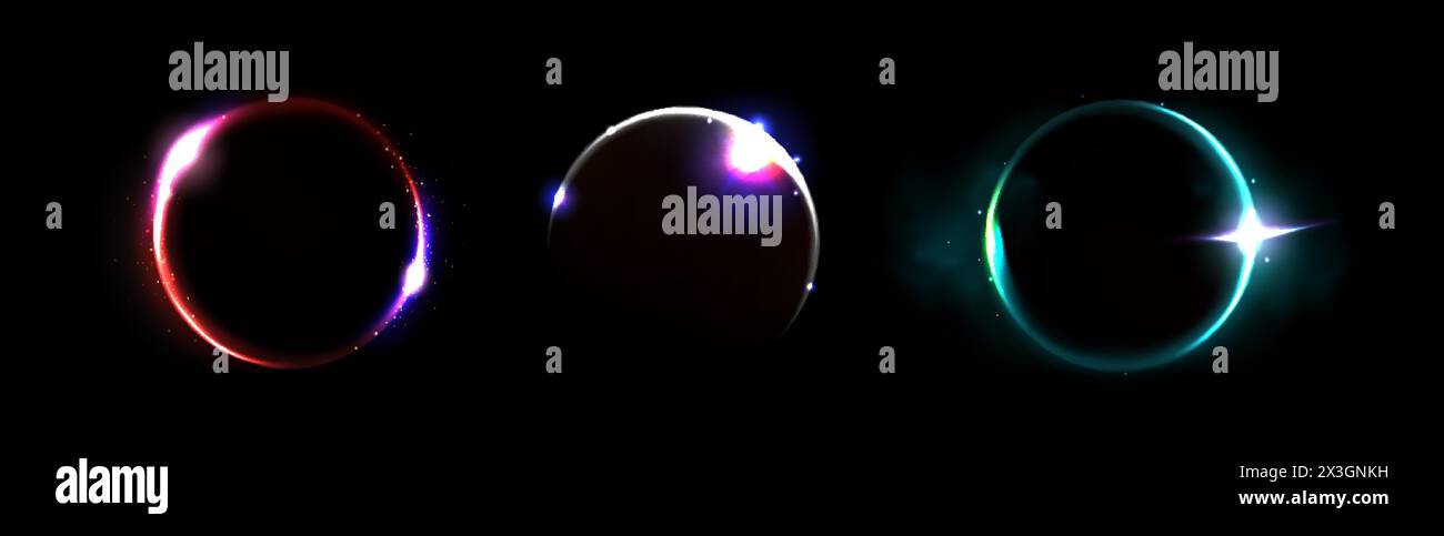 Solar eclipse neon light effect. Full cover of sun by moon with round ...