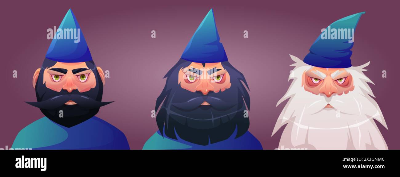 Male wizard portrait - sorcerer face aging process. Cartoon vector ...
