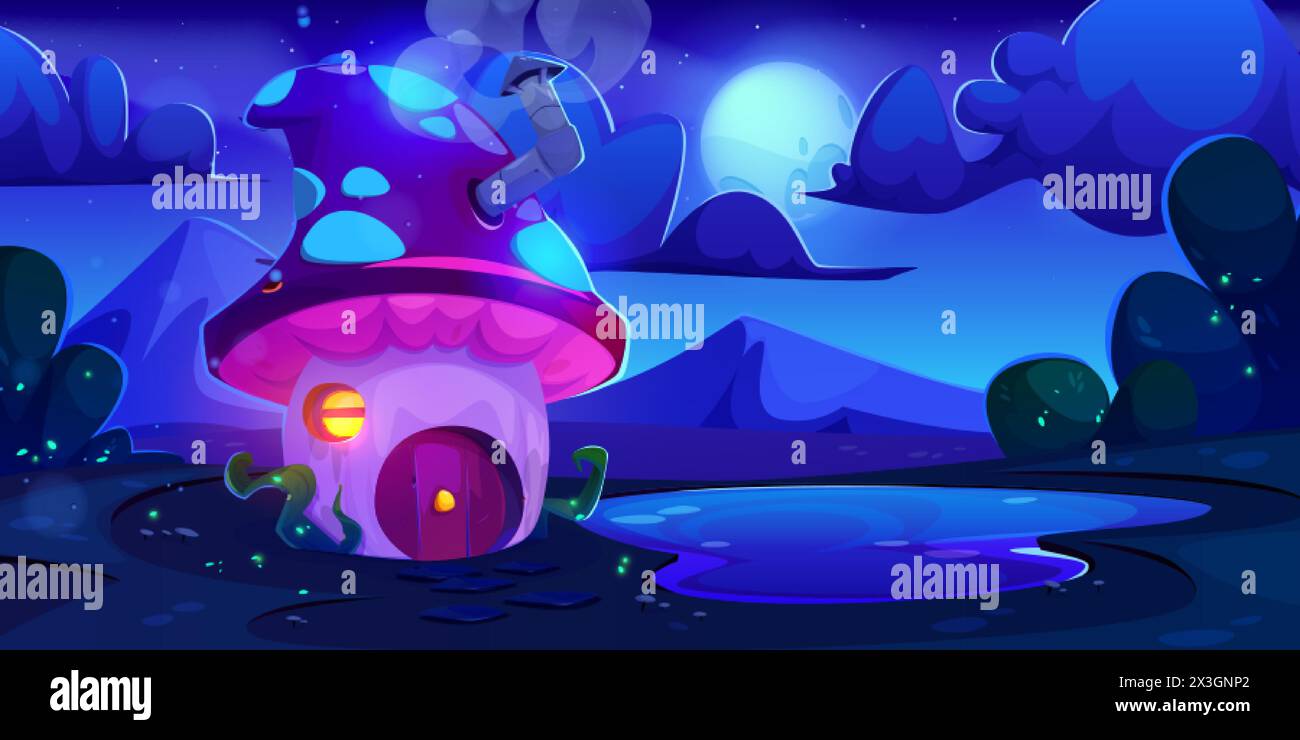 Cute fairy house with door landscape at night. Fantasy gnome near magic ...