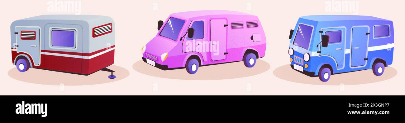Camper vans set isolated on background. Vector cartoon illustration of ...