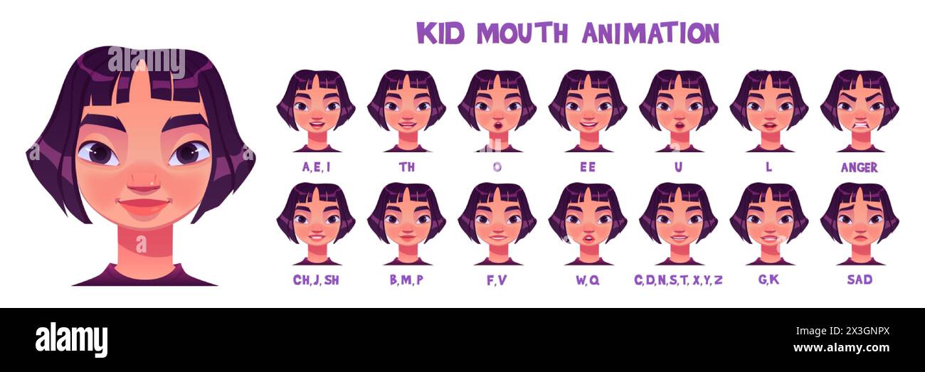 Kid girl kit for speaking animation creation. Cartoon vector ...