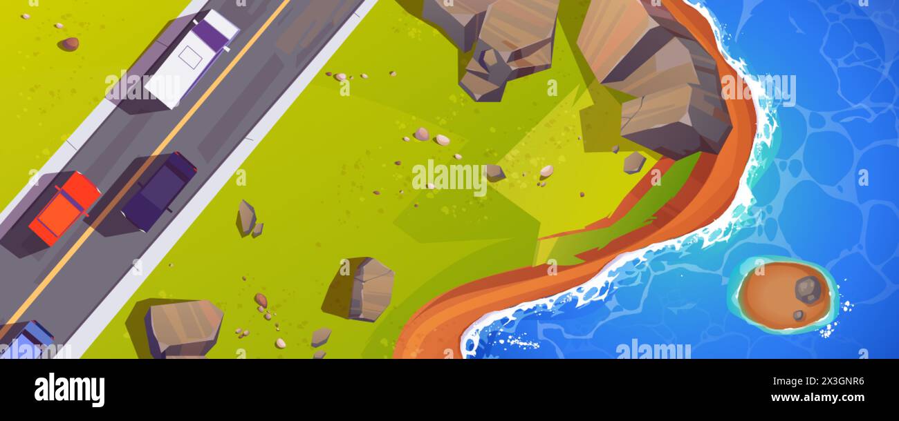 Top view of road running along sea coast. Vector cartoon illustration ...