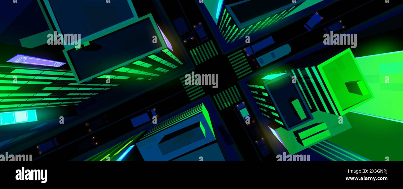 Top perspective view on city with green neon glowing skyscrapers and ...