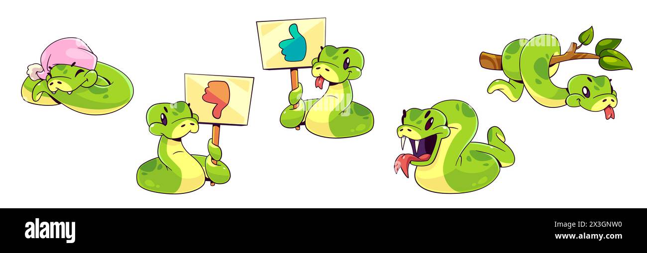 Green snake characters set isolated on white background. Vector cartoon ...