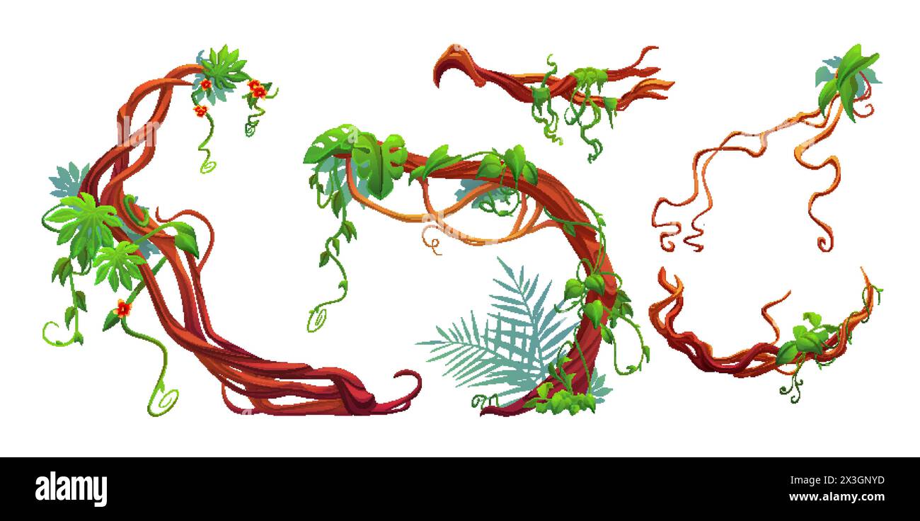 Twisted liana branch with green leaves and flowers. Cartoon vector ...