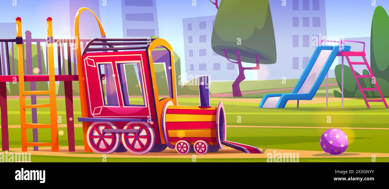 Playground park in kindergarten city garden landscape. Slide and climb ...
