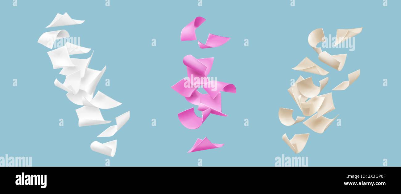 Paper pile fly in air. Realistic 3d vector illustration set of white ...