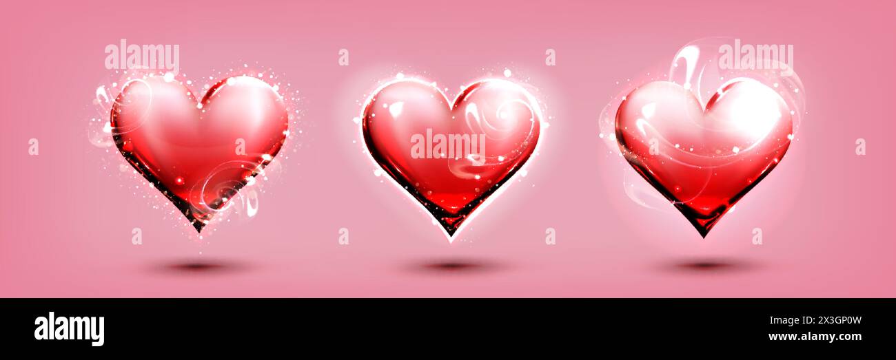 3D set of glass heart shape crystals isolated on pink background ...
