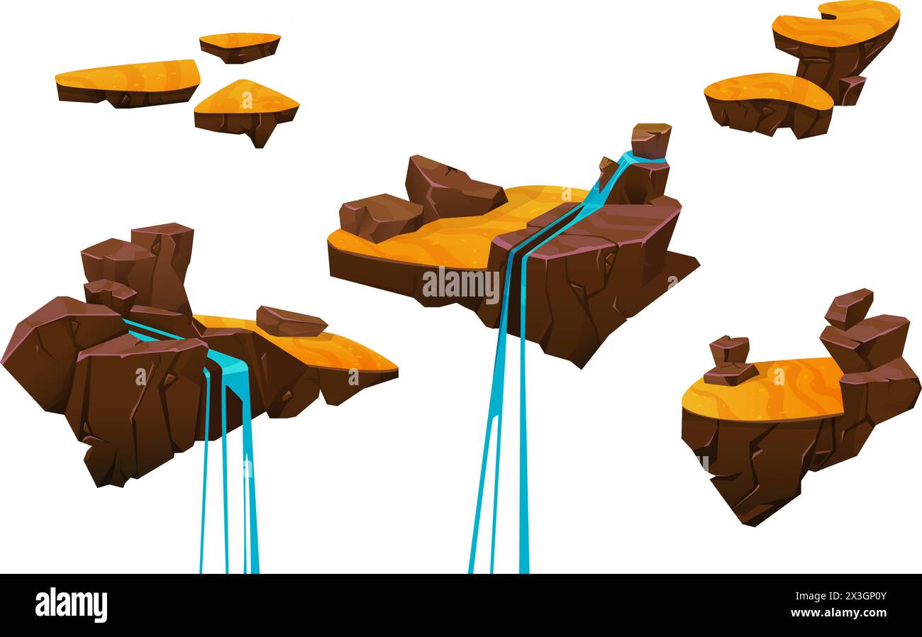 Floating desert land platform with sand surface, rocky cliff and river ...