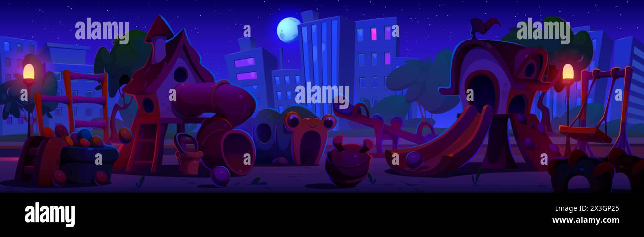 Playground in night city park. Vector cartoon illustration of dark town ...