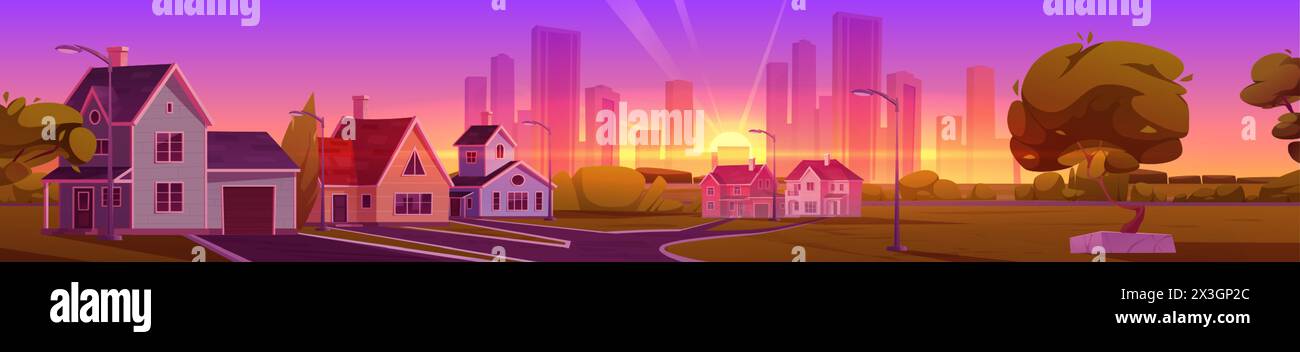 Suburban landscape at sunset or sunrise. Morning or evening cartoon ...