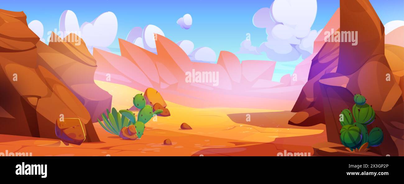 Sandy desert in rocky canyon valley. Vector cartoon illustration of dry ...