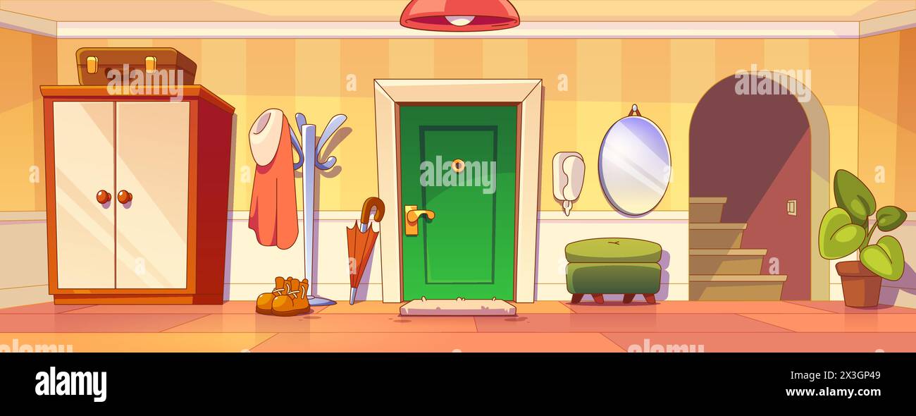 House hallway interior with entrance door, arch with up stairs ...