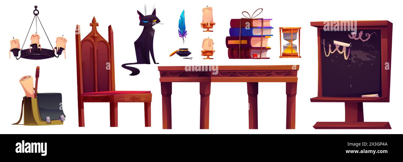 Magic school room with wizard book cartoon game. Halloween medieval ...