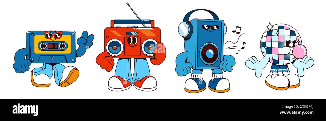 Retro music character for party illustration. Cartoon cute disco ball ...