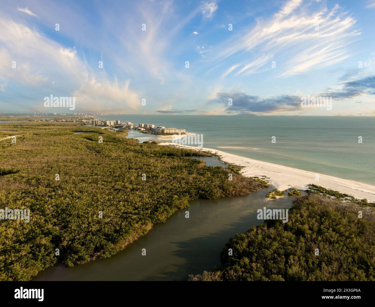 Blue sky with clouds over Bonita Beach in Florida from an aerial view ...