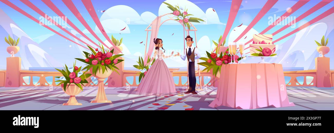 Couple at wedding ceremony near mountain lake. Vector cartoon ...