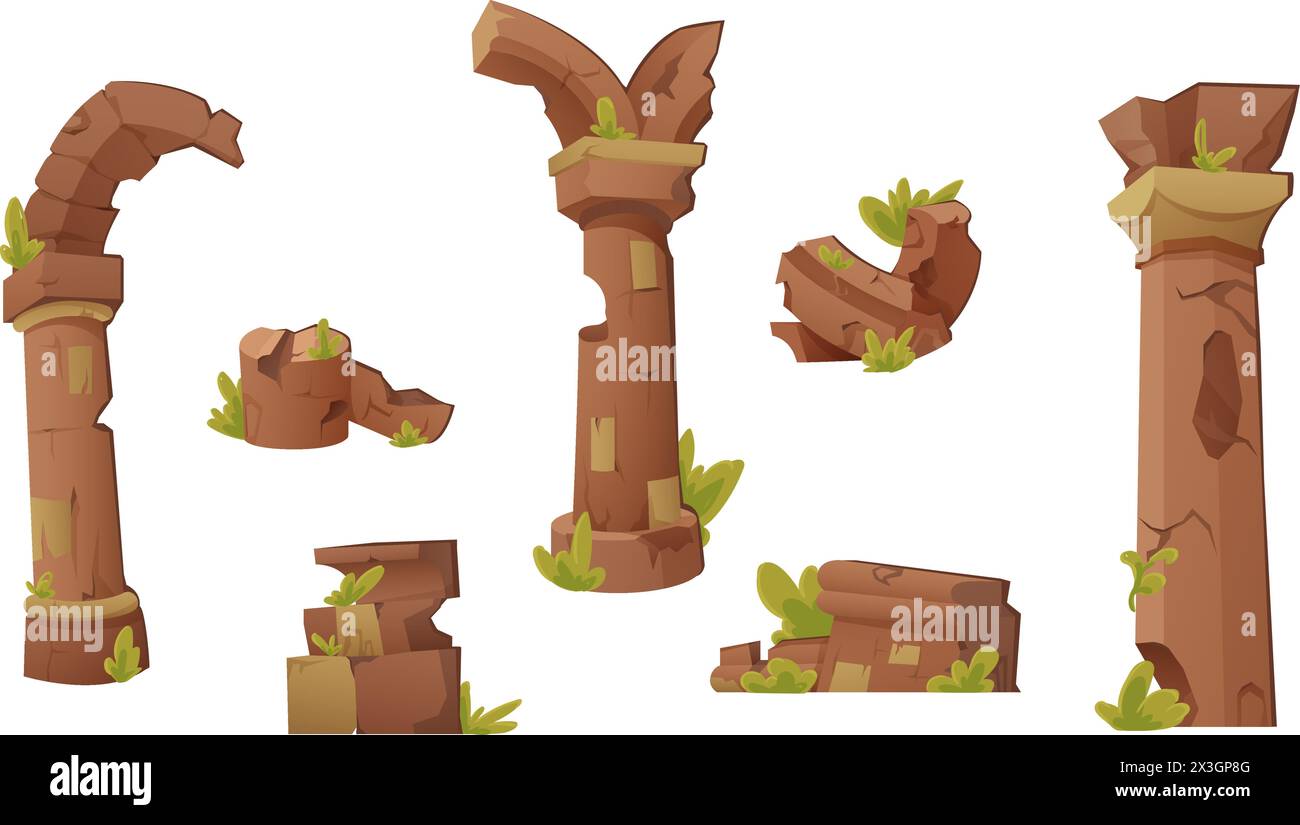 Ancient ruins set - destroyed architecture or monuments of old ...