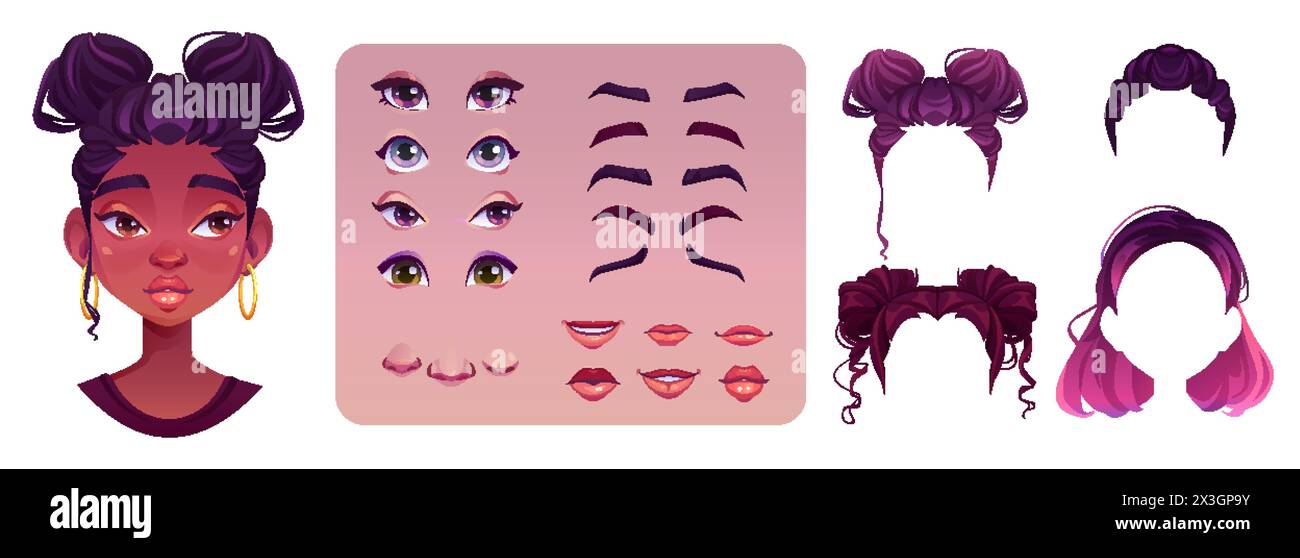 African woman face avatar construction cartoon set. Young female ...