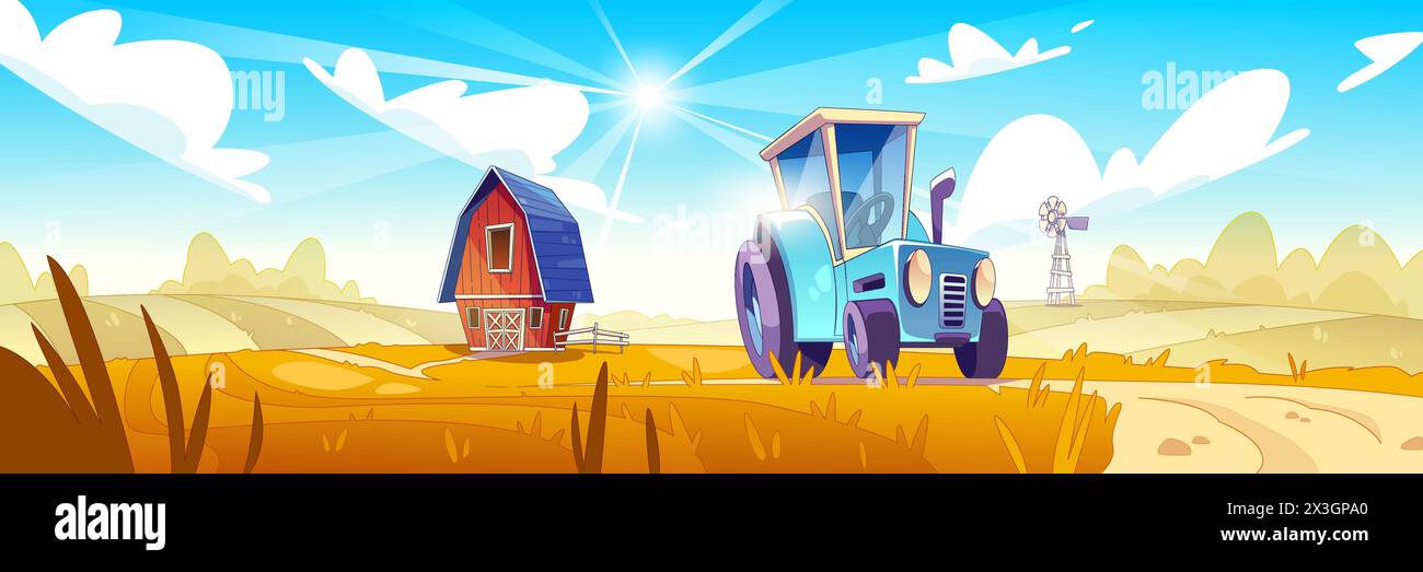 Blue tractor driving autumn field. Vector cartoon illustration of ...