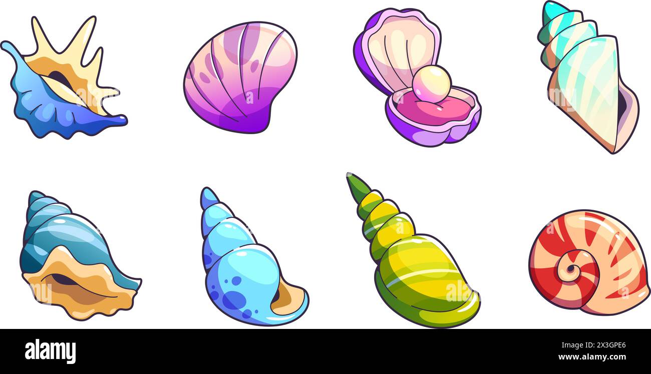 Sea shell and vessels game assets set. Cartoon vector illustration ...