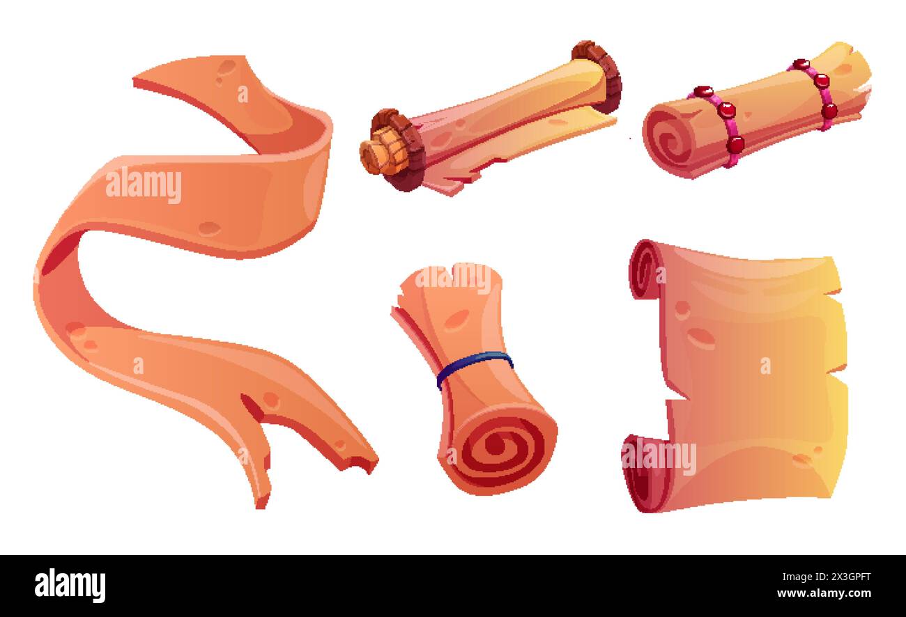 Parchment scroll and long ribbon with empty space for text. Magic game ui icons and assets of ...