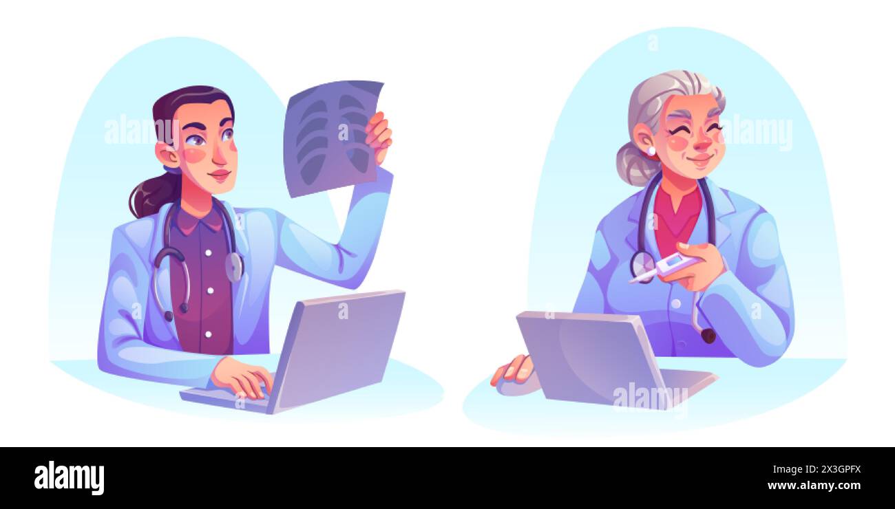 Woman doctor working at desk with laptop. Cartoon vector set of young ...