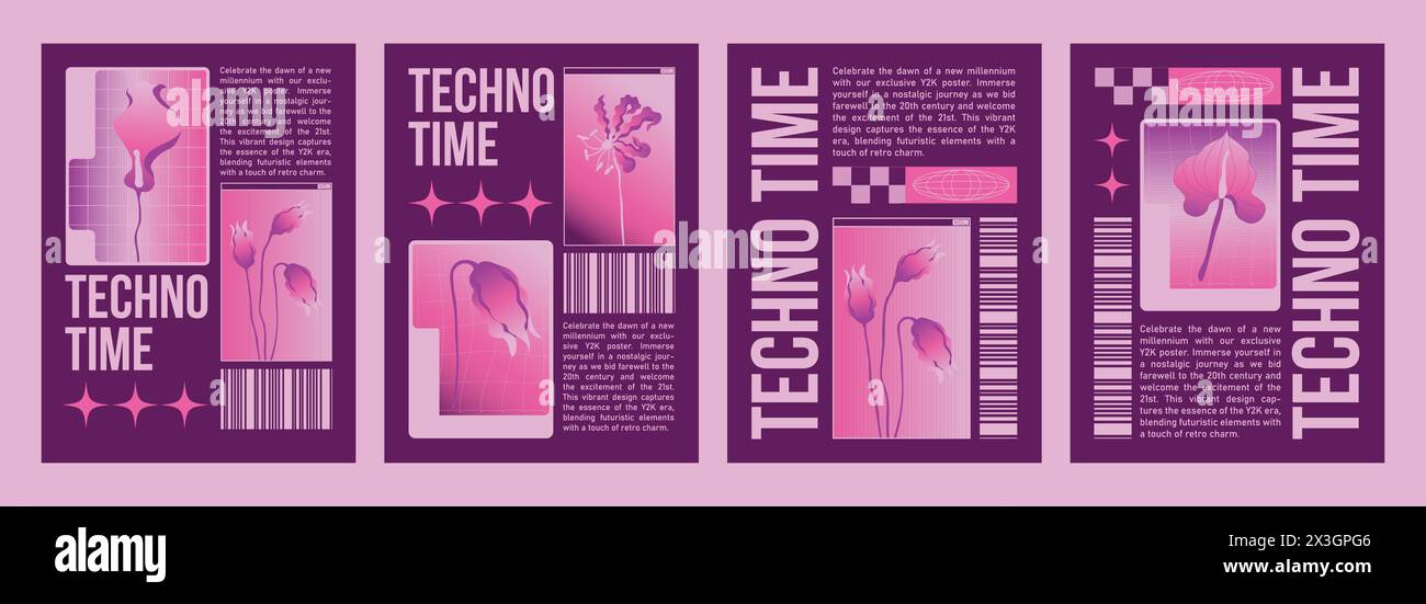 Y2k poster or cover design with bright pink flowers and text frame on ...