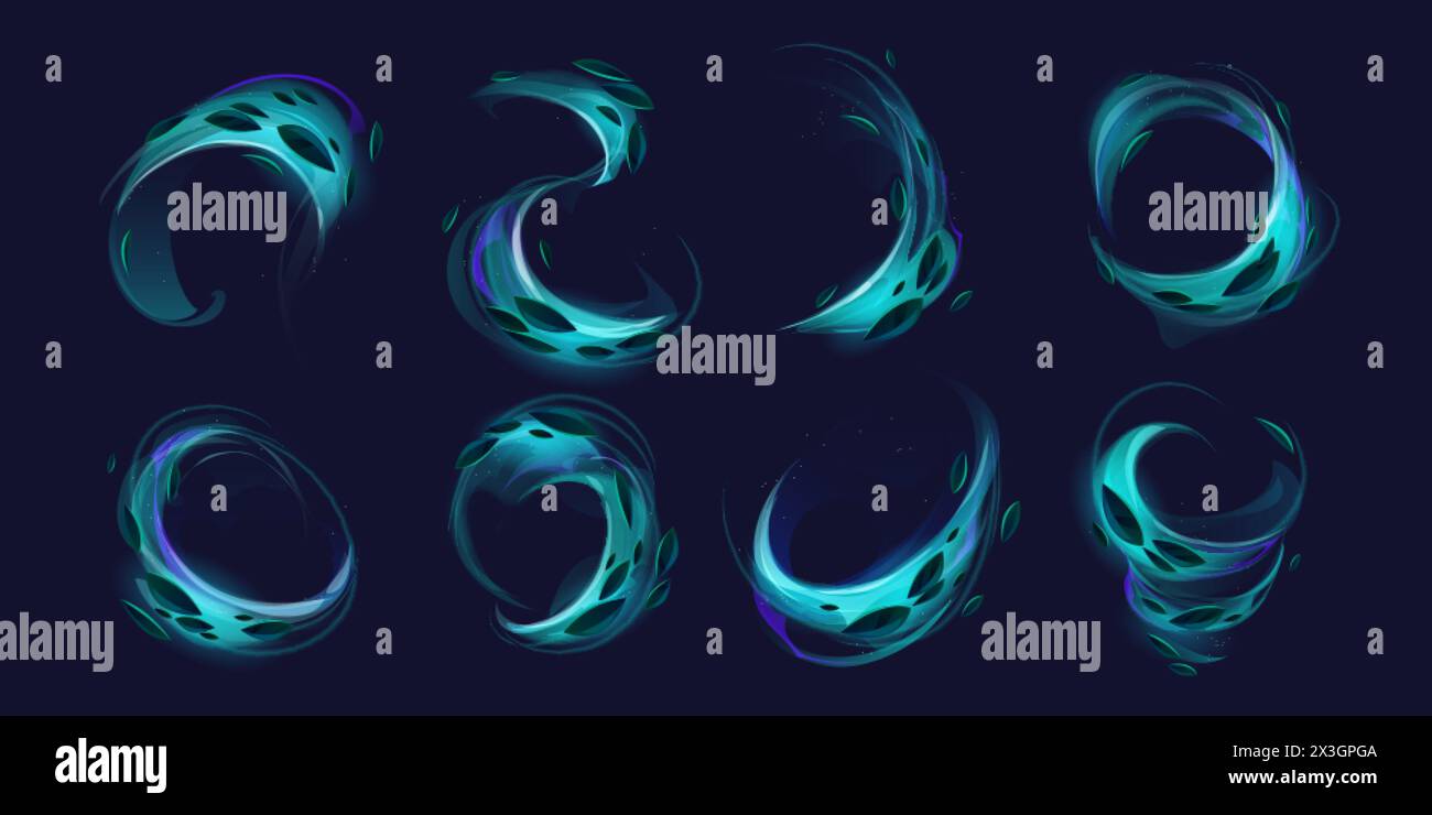 Water splash or air vortex with mint leaves. Vector illustration set of fresh wind flow effect ...