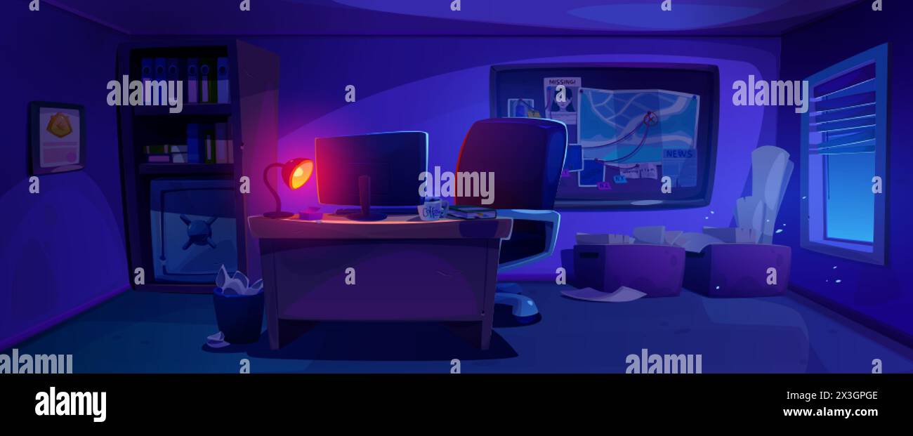 Detective office or police room interior with furniture at night ...