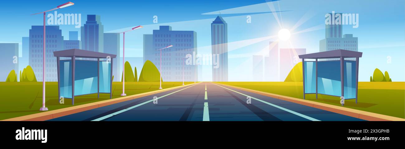 Straight road to modern city with high buildings, street lights and bus ...