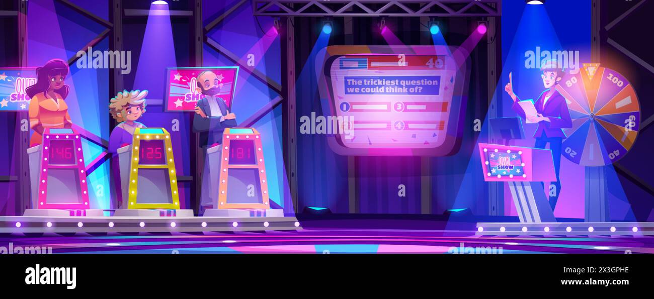 Tv quiz show. Contest game in studio with stage vector background ...
